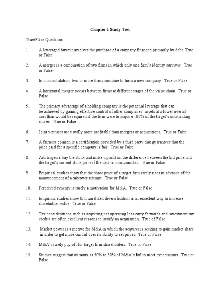 Chapter 1 Study Test | PDF | Mergers And Acquisitions | Takeover