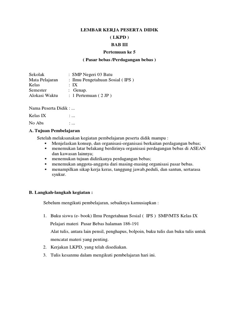LKPD IPS Kls 9 Pertemuan Ke 5 Bab III Pasar Bebas | PDF