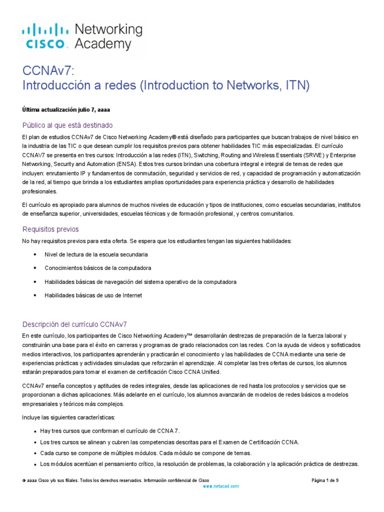 CCNA R&S - ITN v7 Scope and Sequence | PDF | Yo Pv6 | Red de computadoras