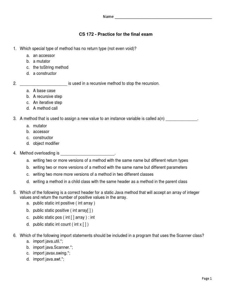 Practice For The Final Exam (Computer Science 1) | Download Free PDF | Method (Computer ...
