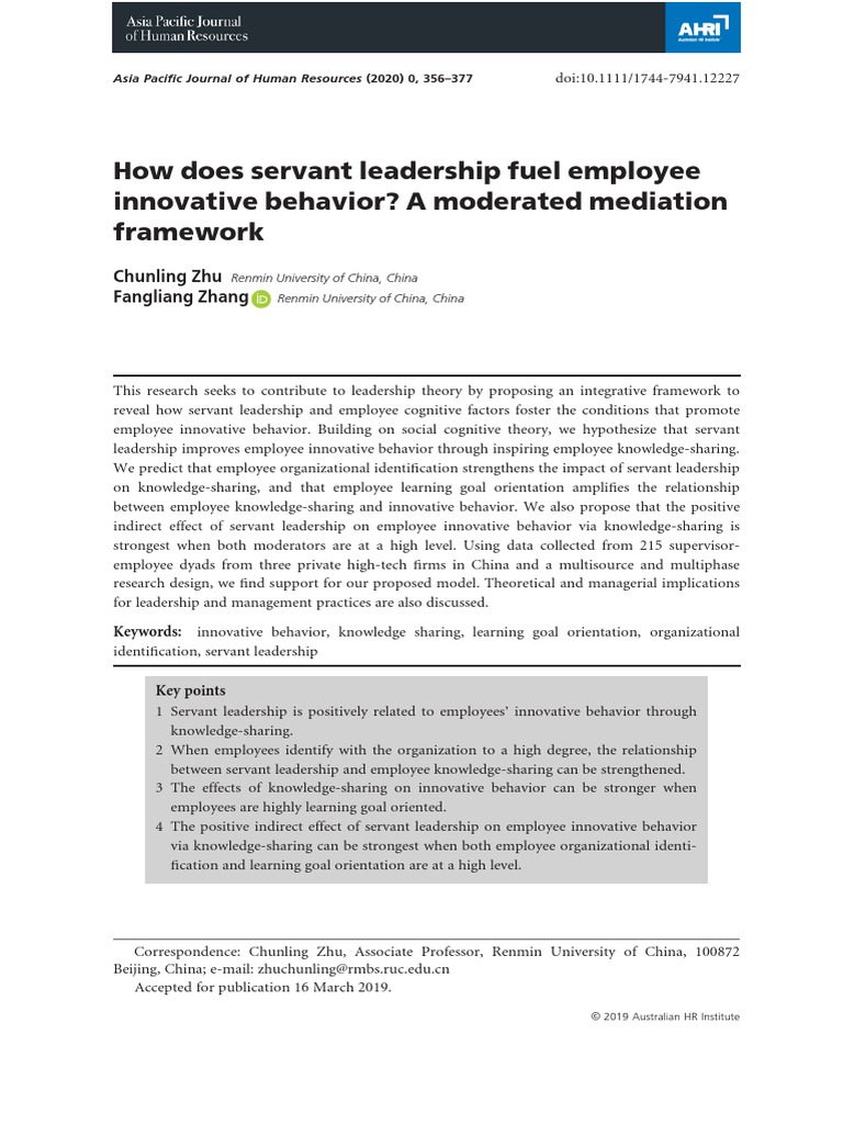 How Does Servant Leadership Fuel Employee Innovative Behavior A Moderated Mediation Framework ...