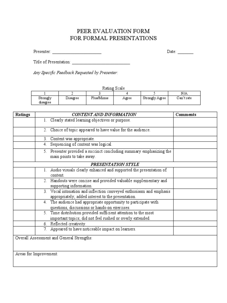 Peer Evaluation Form For Formal Presentations: Any Specific Feedback ...