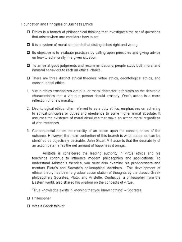 Foundation and Principles of Business Ethics | PDF | Virtue Ethics | Plato
