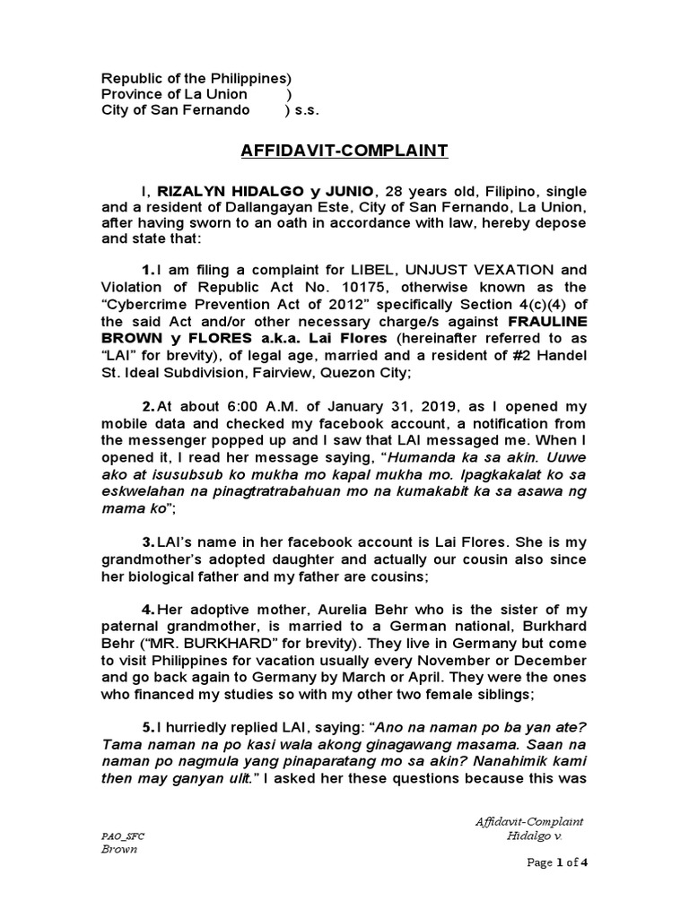Affidavit Complaint - Online Libel - Rizalyn Hidalgo | PDF | Common Law