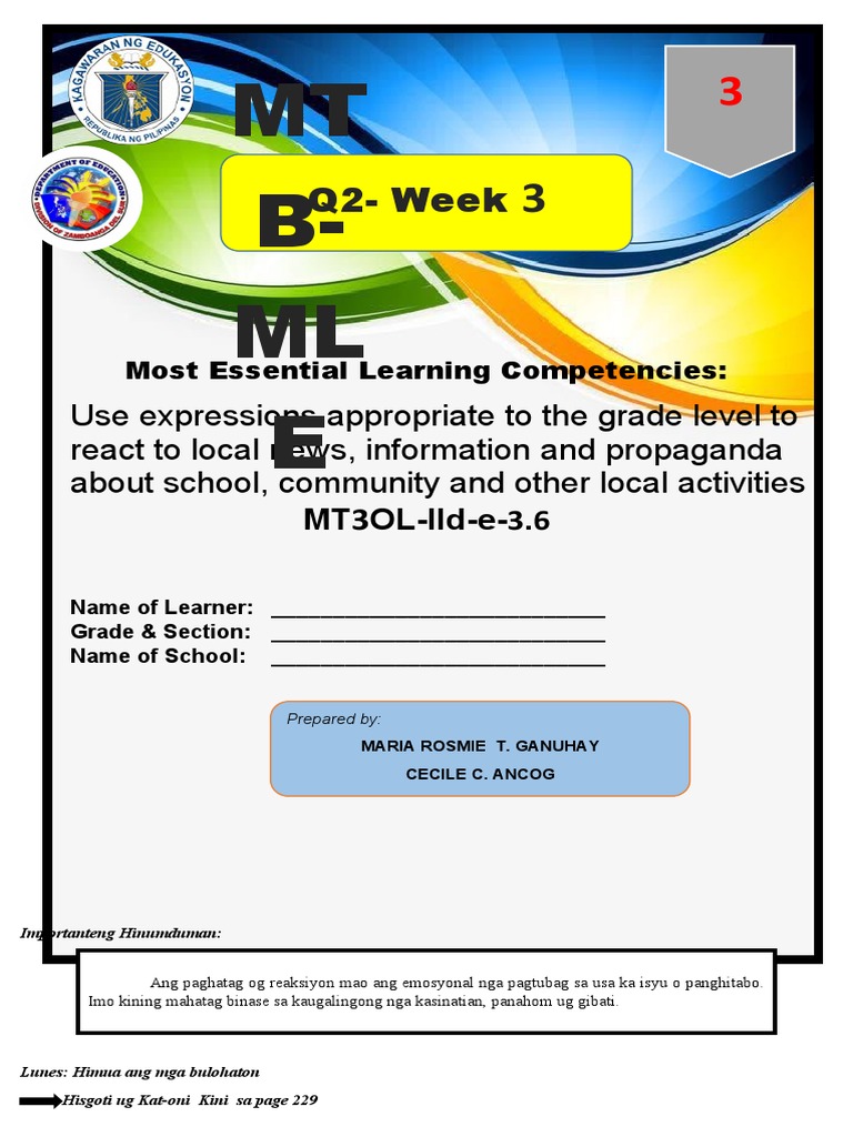 Mtb-Mle3-Q2-Wk3 Worksheet | PDF