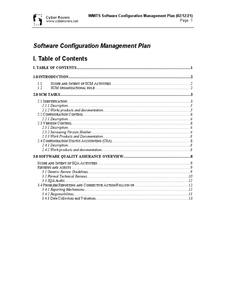Software Configuration Management Plan: I. Table of Contents | PDF | Version Control | Quality ...