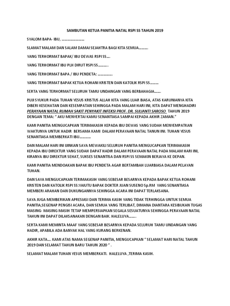 Sambutan Ketua Panitia Natal Rspi Ss Tahun 2019 | PDF
