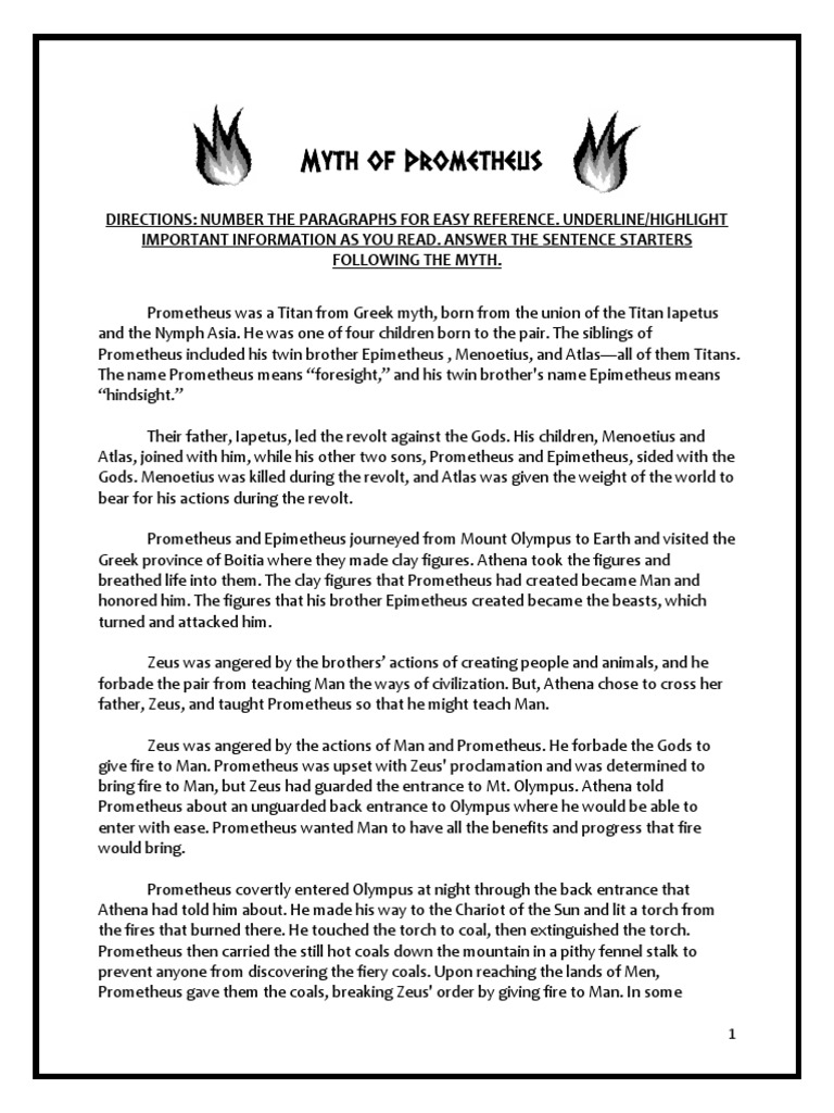 Mythology Prometheus Myth Questions | PDF | Prometheus | Mythology