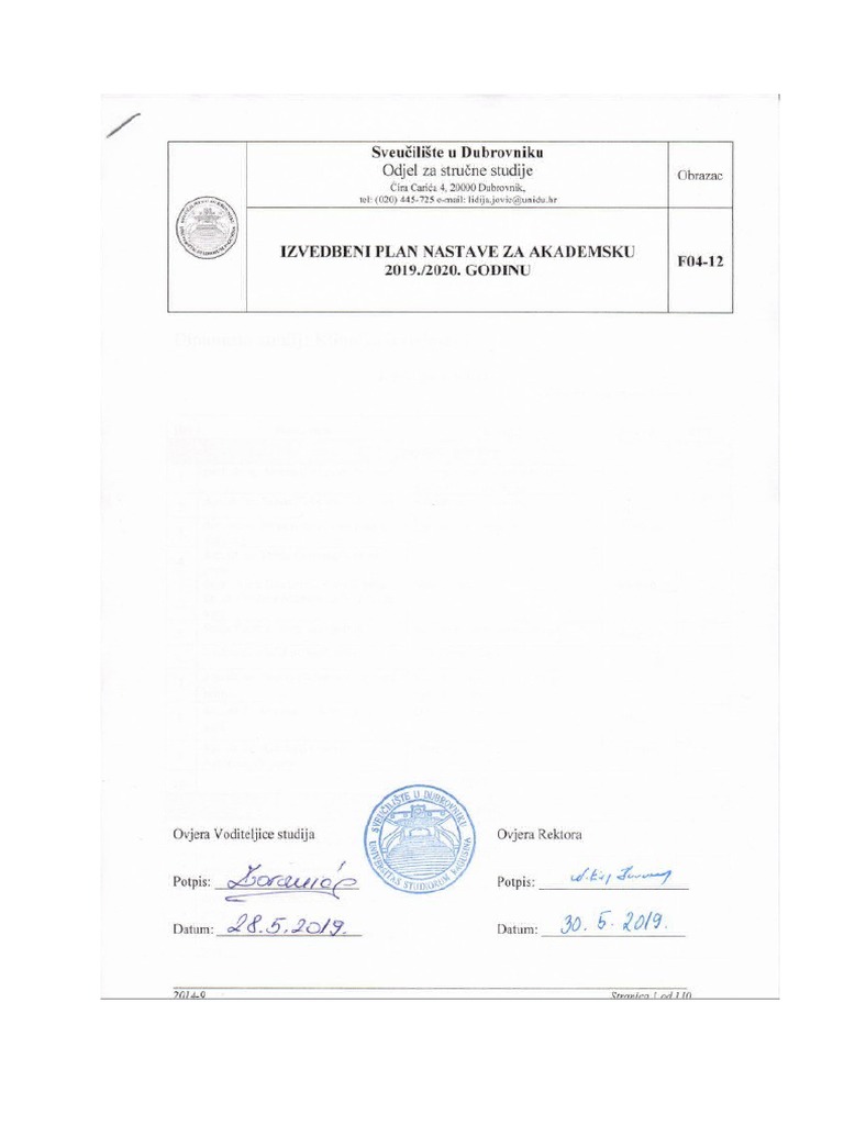 Diplomski Studij-Izvedbeni Plan Nastave-2019-2020 | PDF