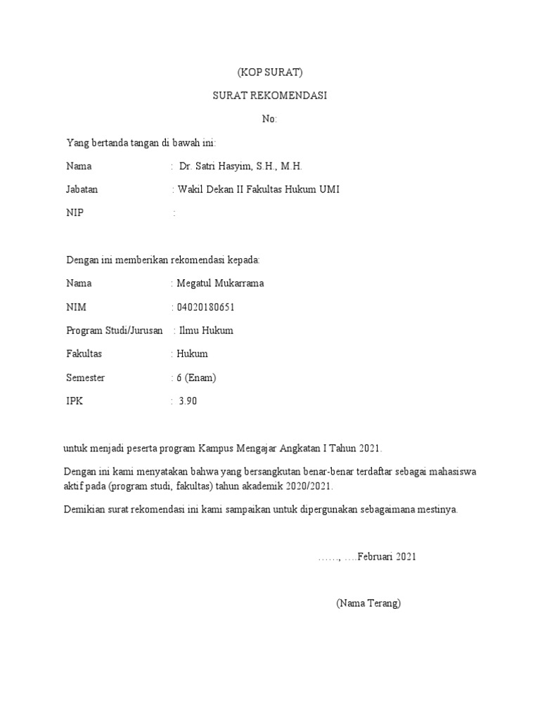 Format Surat Rekomendasi | PDF