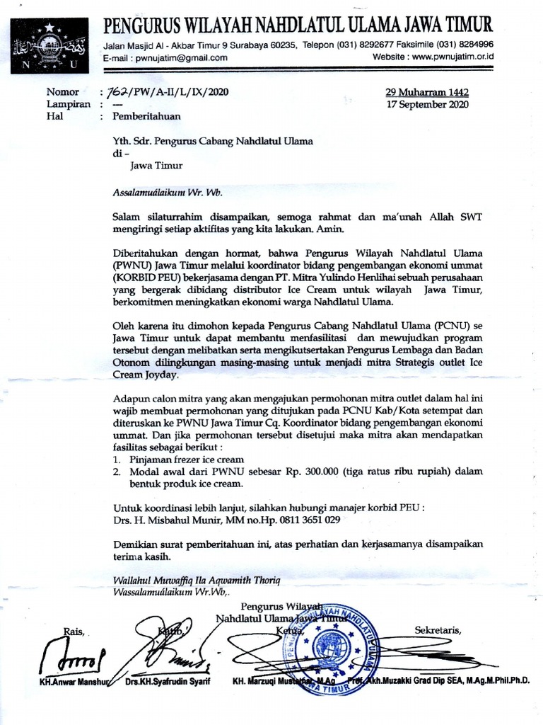 Surat PWNU Jatim TTG Outlet Icecream | PDF