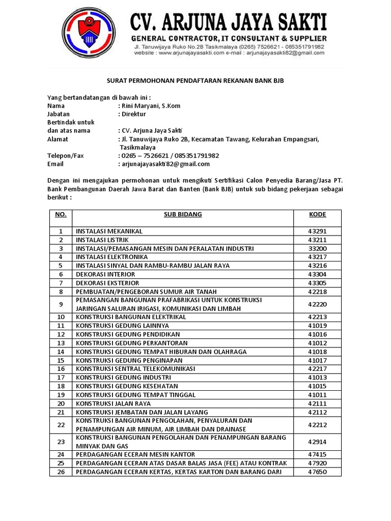 Surat Permohonan Pendaftaran Rekanan Bank BJB | PDF