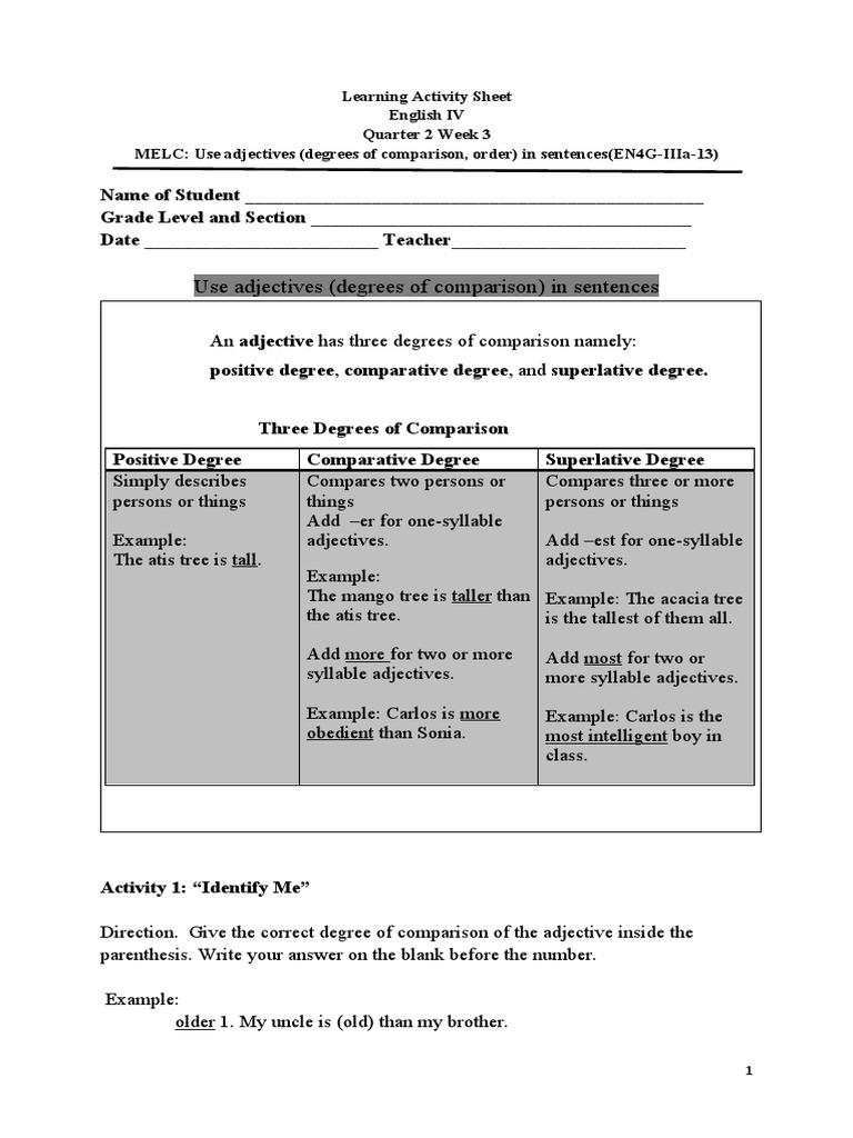 Use Adjectives (Degrees of Comparison) in Sentences | PDF | Behavior ...