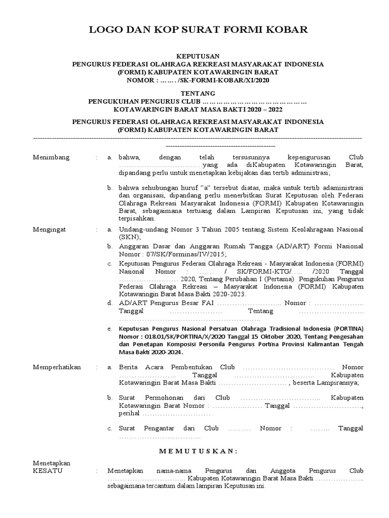 Contoh SK Club Formi Kobar 2020 | PDF