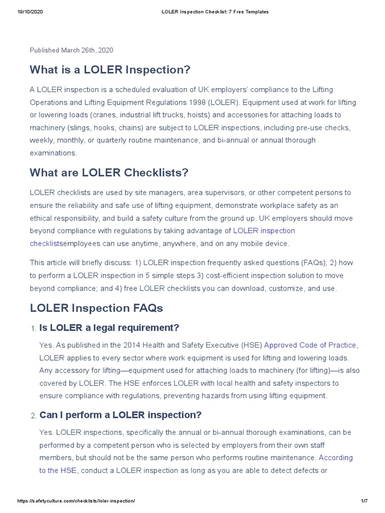 LOLER Inspection Checklist - 7 Free Templates | PDF | Safety | Science