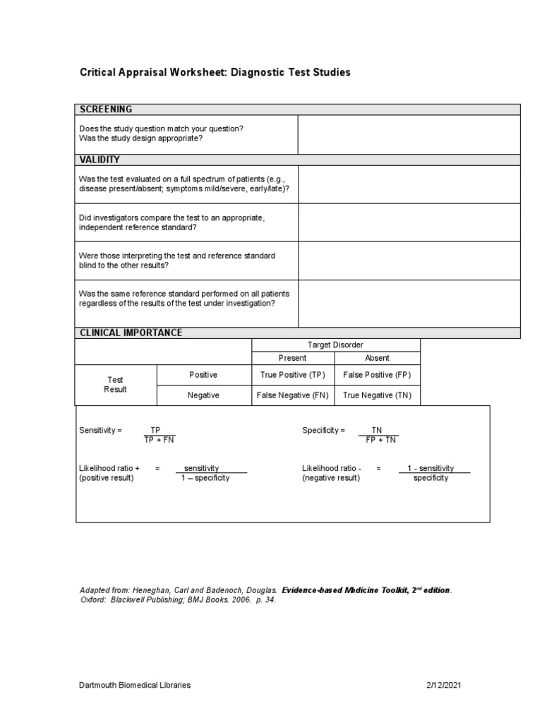 Critical Appraisal Worksheet: Diagnostic Test Studies: Screening | PDF ...