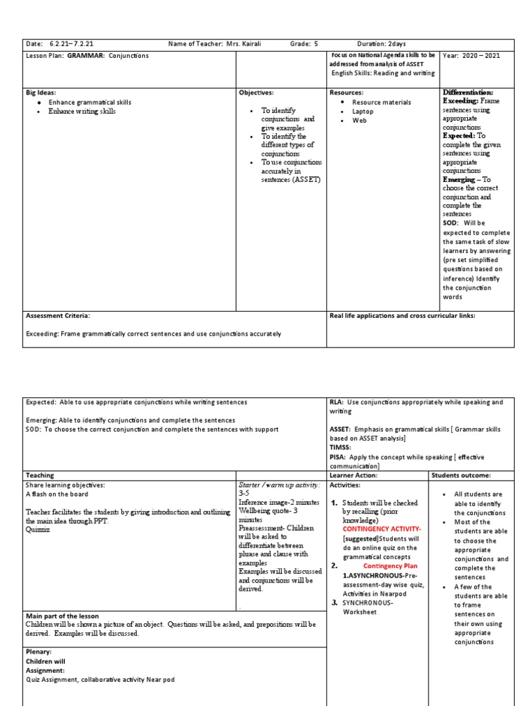 Lesson Plan on Using Conjunctions to Enhance Grammar and Writing Skills ... Lesson Plan on Using Conjunctions to Enhance Grammar and Writing Skills ...