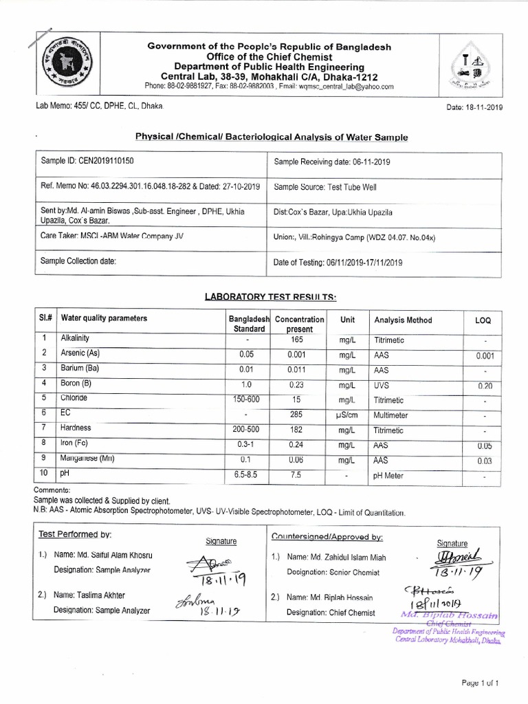 Sample of Water Test Report-DPHE | PDF