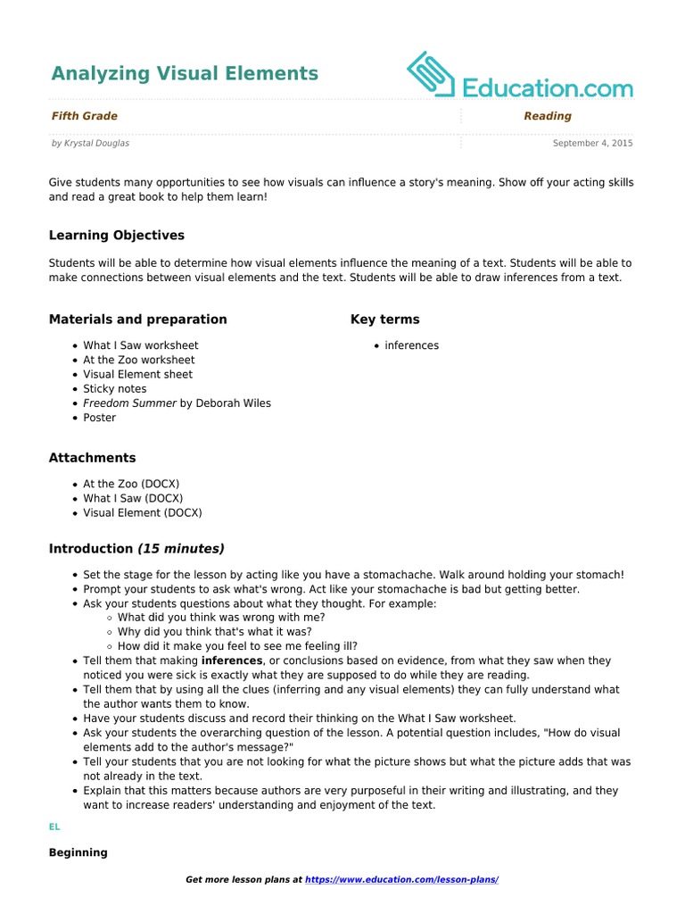 Analyzing Visual Elements: Learning Objectives | PDF | Question | Worksheet