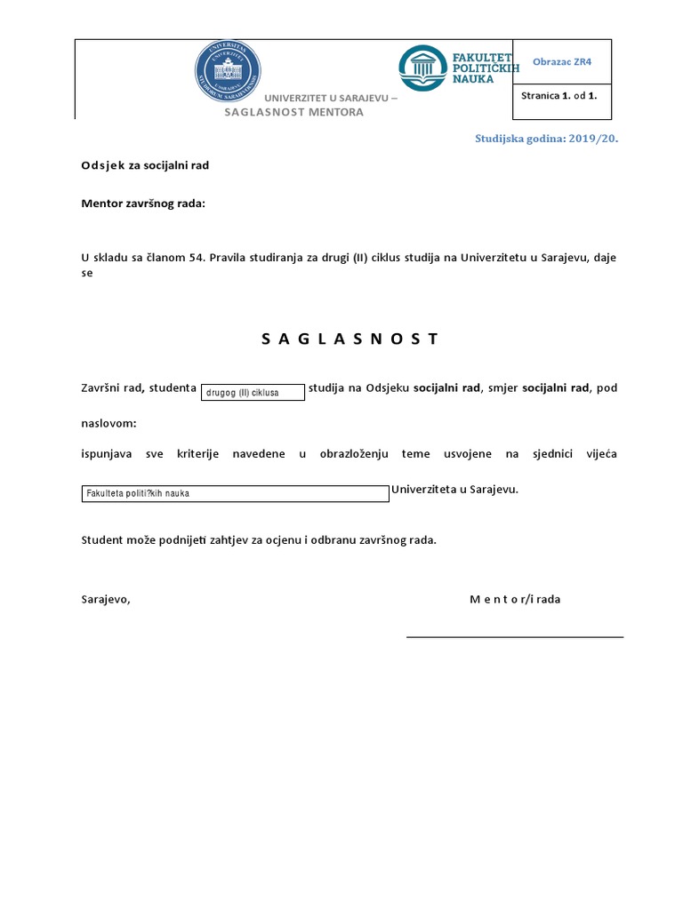 Saglasnost Mentora Obrazac Zr4 | PDF