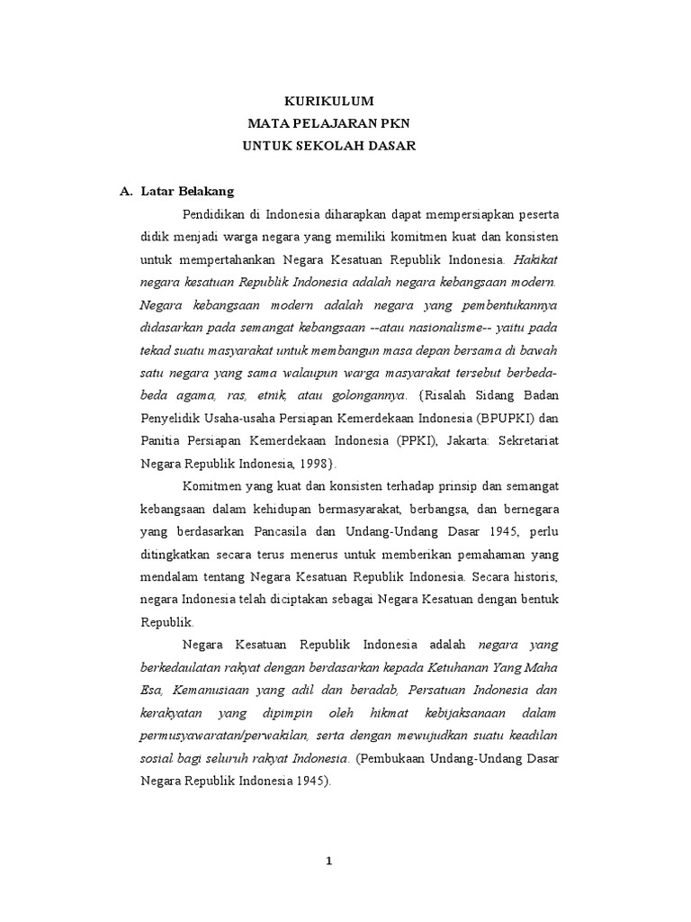 Makalah Pembelajaran PKN SD Latar, Tujuan, Ruang Lingkup, SK, KD Di SD | PDF