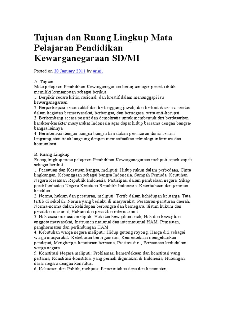 Latar Belakang, Tujuan, Ruang Lingkup PKN SD | PDF