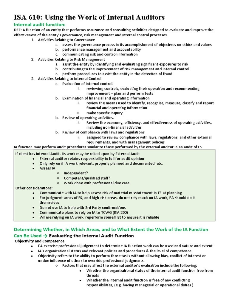 ISA 610 Using The Work of Internal Auditors | PDF | Internal Audit | Audit