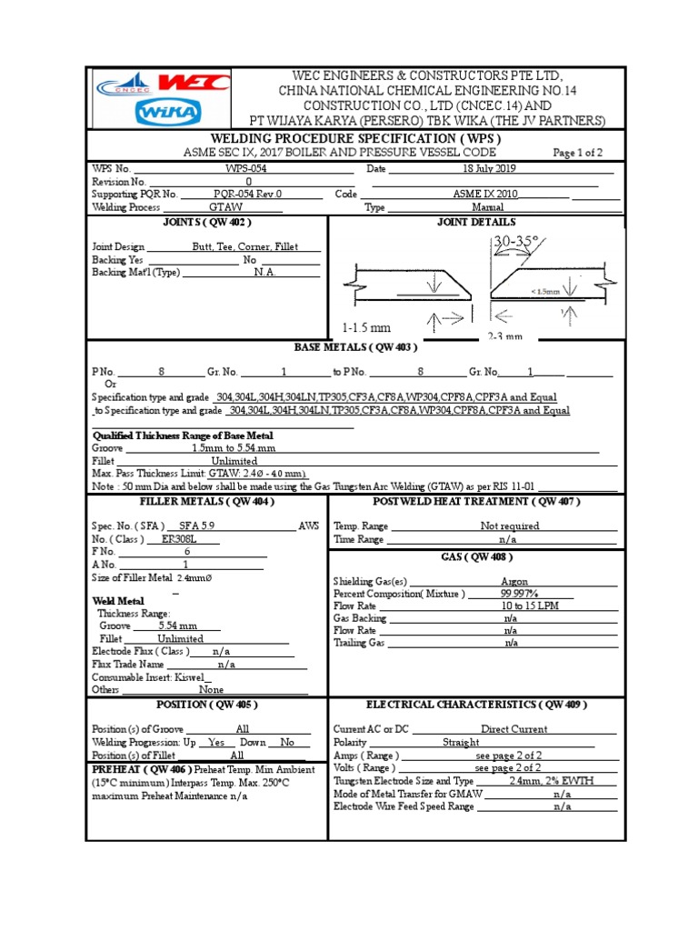 Welding Procedure Specification (WPS) : Asme Sec Ix, 2017 Boiler and ...