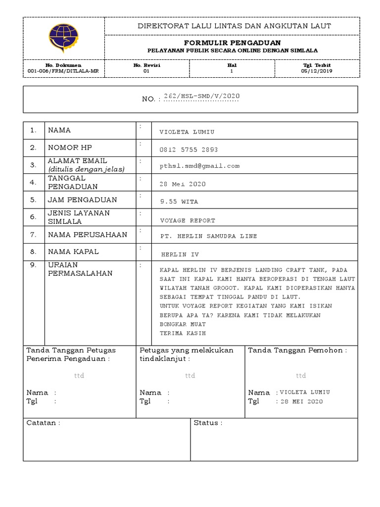Formulir Pengaduan SIMLALA 2020 | PDF