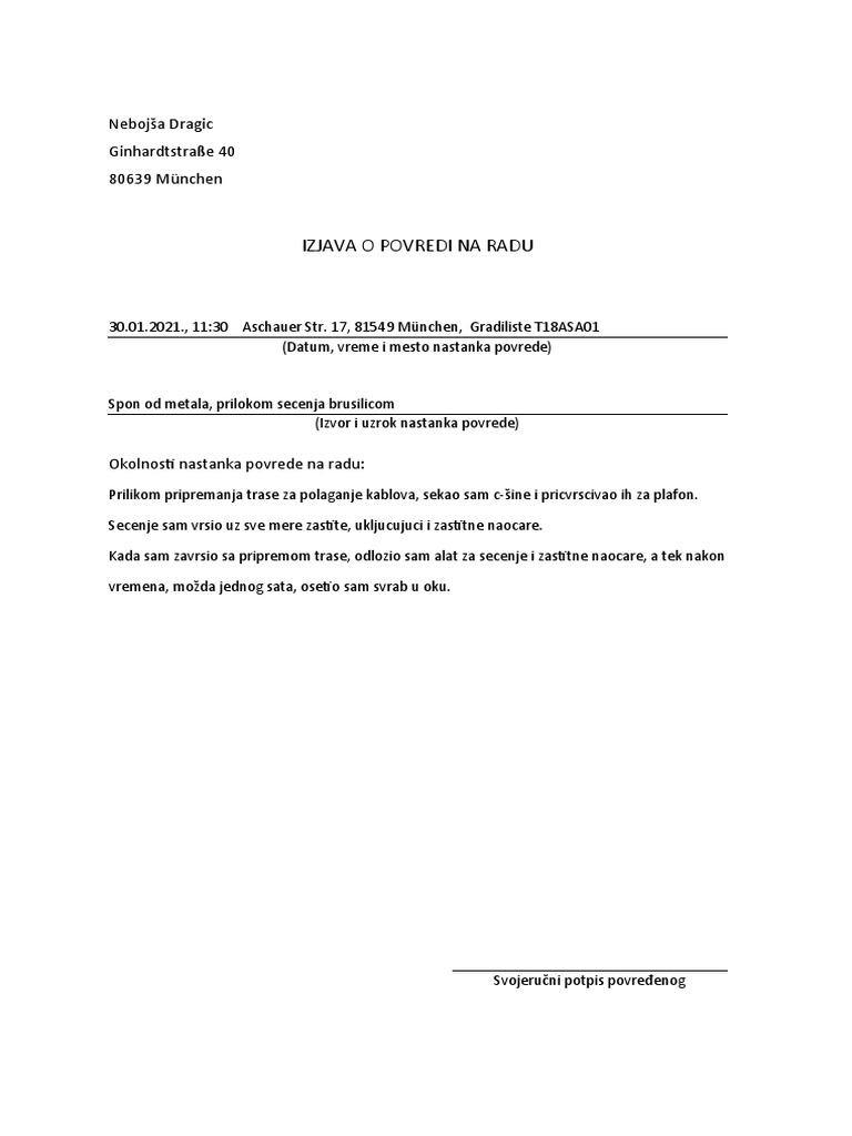 Izjava o Povredi Na Radu | PDF