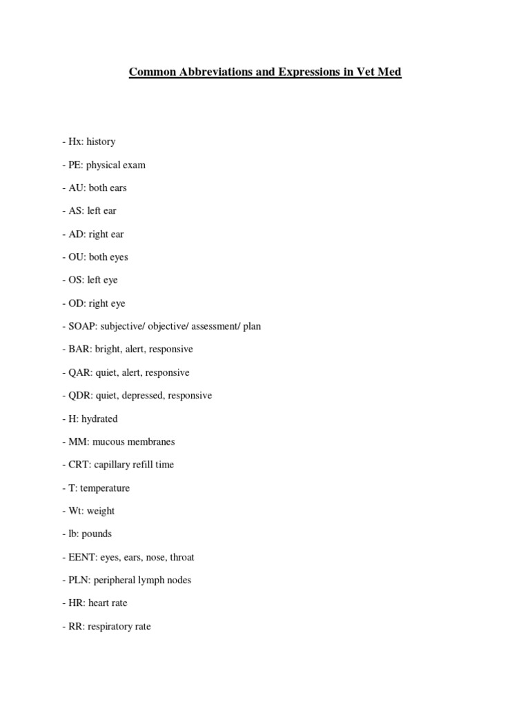 Common Abbreviations in Vet Med | PDF | Clinical Medicine | Diseases ...