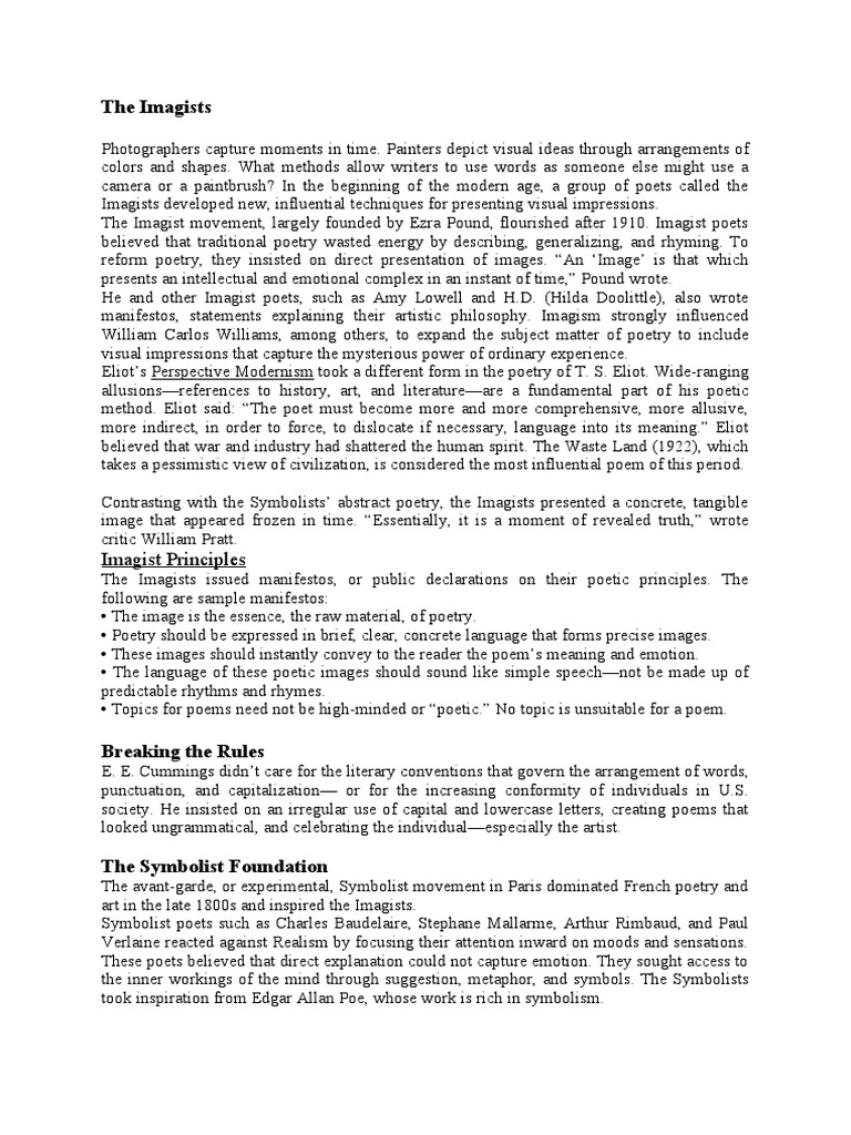 The Imagists: Imagist Principles | PDF | Symbolism (Arts) | Poetry