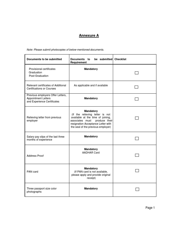 Annexure A: Documents To Be Submitted Documents To Be Submitted ...