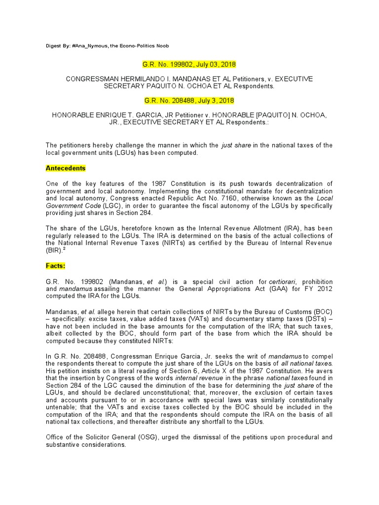 Case Digest Mandanas vs. Secretary Ochoa, G.R. No. 199802, July 03 ...