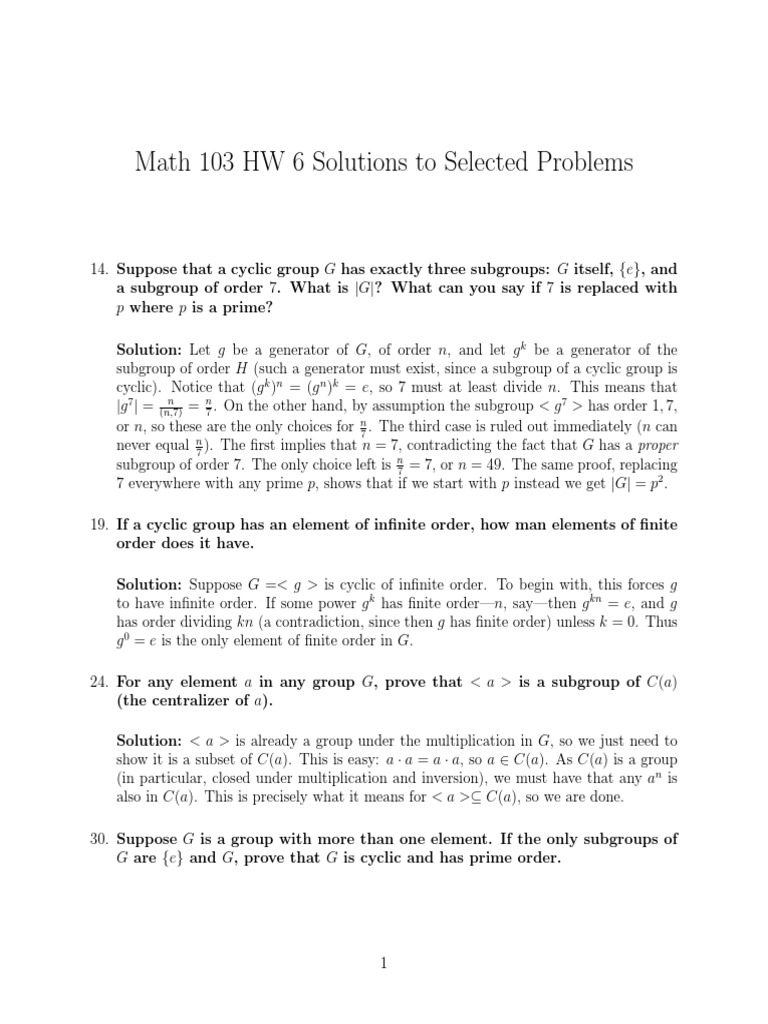 Math 103 HW 6 Solutions To Selected Problems | PDF | Group (Mathematics ...