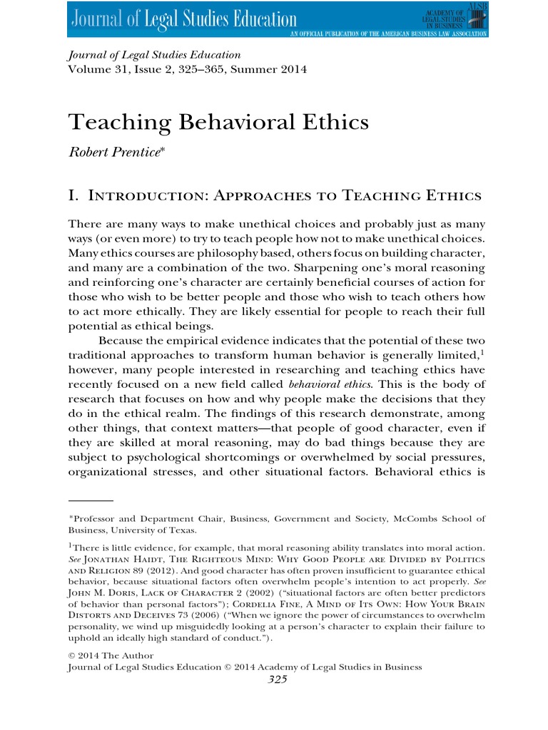 Teaching Behavioral Ethics | PDF | Obedience (Human Behavior) | Emotions