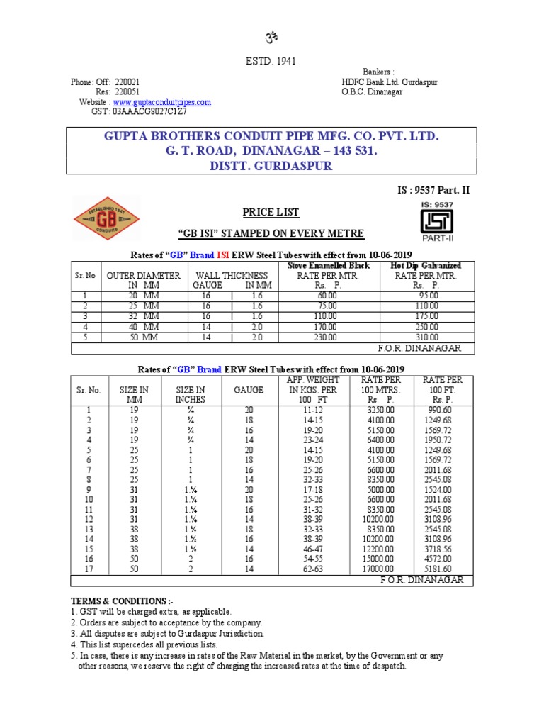 Gupta Brothers Conduit Pipe Mfg. Co. Pvt. Ltd. G. T. ROAD, DINANAGAR ...