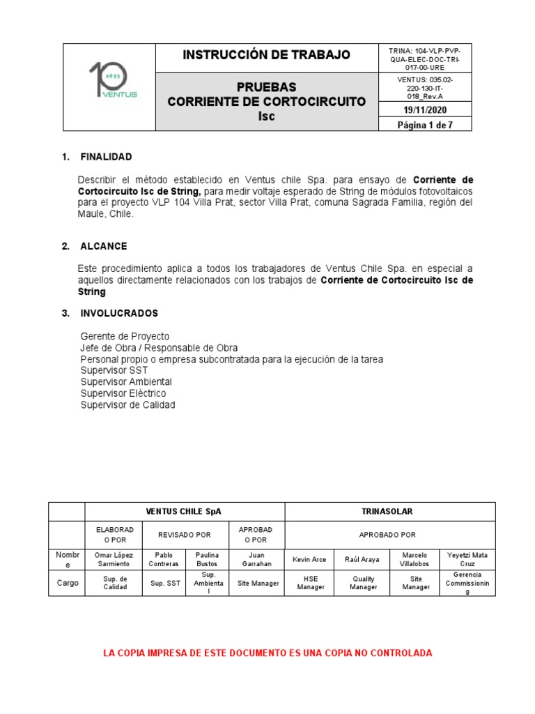 104-VLP-PVP-QUA-ELEC-DOC-TRI-017 Prueba Isc (Rev. Kev.1) | PDF | Seguridad y salud ocupacional ...