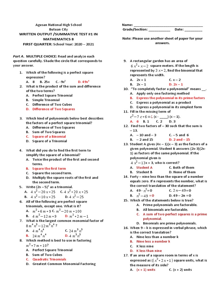 Summative Test 1 With Answer Key | PDF | Factorization | Summation