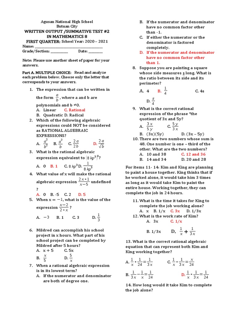 Summative Test 2 With Answer Key | PDF | Factorization | Rational Number