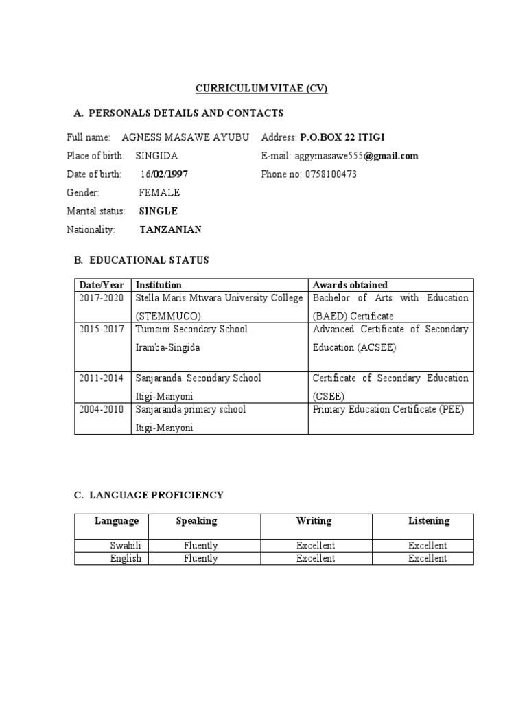 Curriculum Vitae (CV) A. Personals Details and Contacts | PDF | Swahili ...