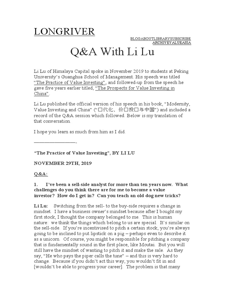 Q&A With Li Lu (Himalaya Capital) | PDF | Value Investing | Investor