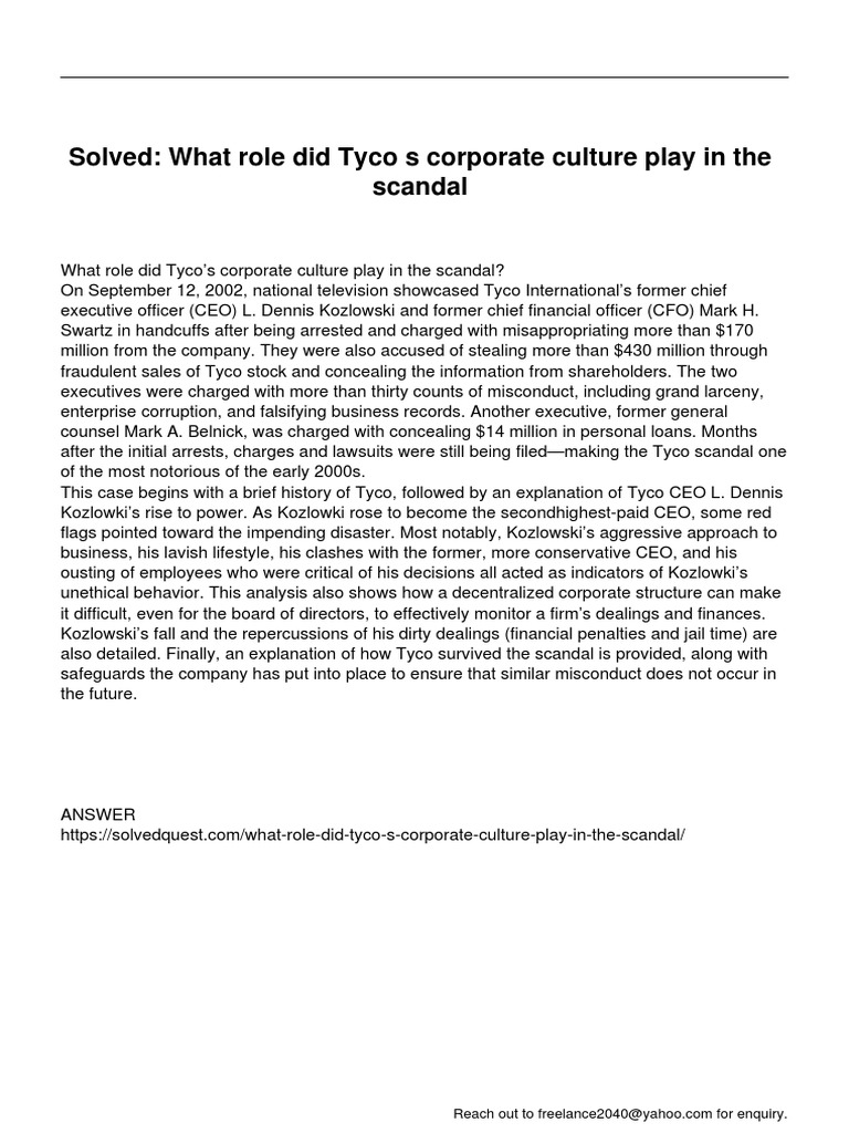 What Role Did Tyco S Corporate Culture Play in The Scandal | PDF ...