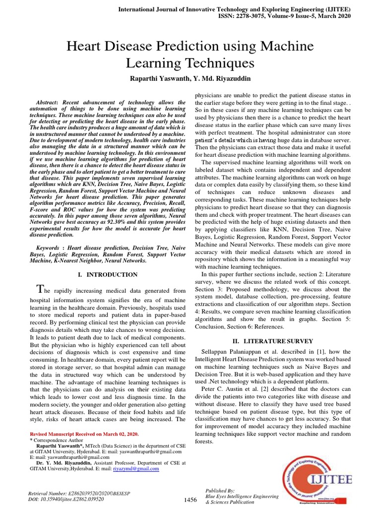 Heart Disease Prediction Using Machine Learning Techniques: Raparthi Yaswanth, Y. Md. Riyazuddin ...