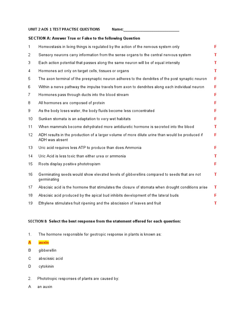 UNIT2 AOS Test Practice Questions ANSWERS | PDF | Plant Hormone | Auxin