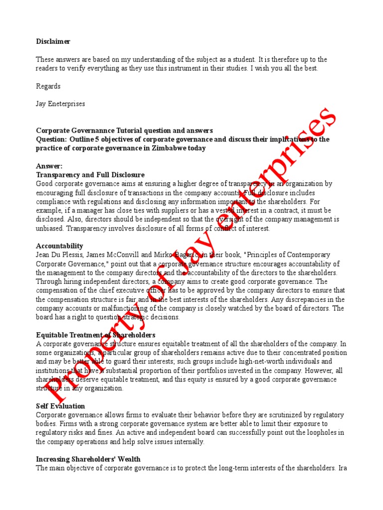 Corporate Governance Question and Answer | PDF | Corporate Governance ...
