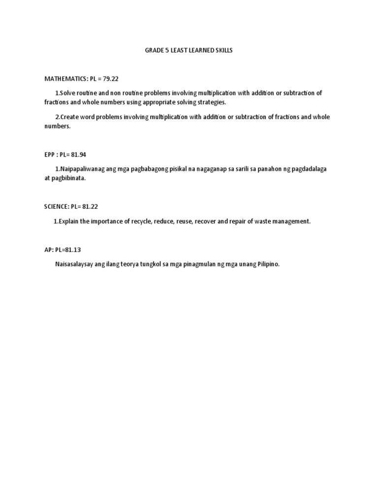 Grade 5 Least Learned Skills | PDF