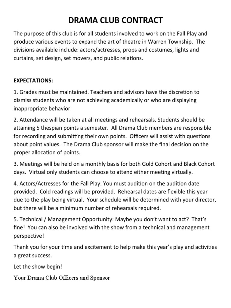 Drama Club Student Contract 2020 | PDF | Human Nature | Theatre