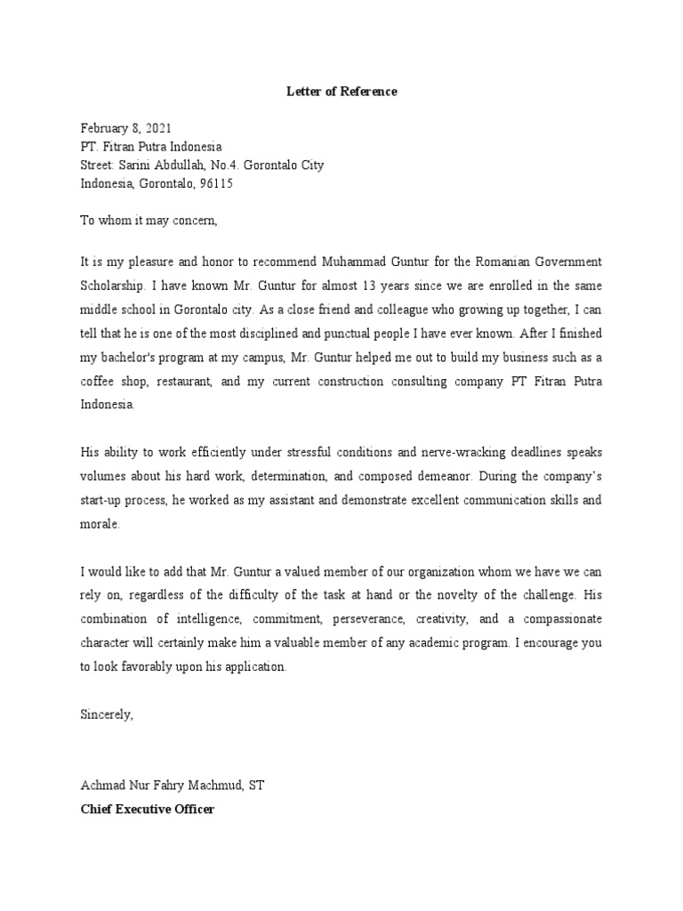 Letter of Reference FROM CEO | PDF