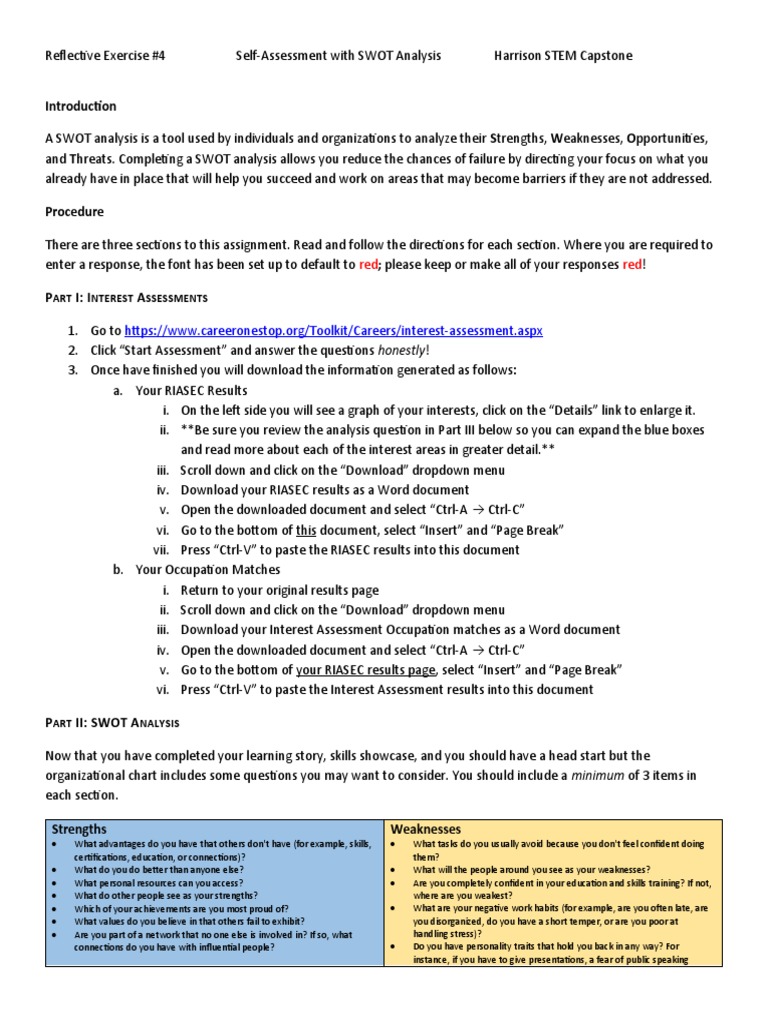 Reflective Exercise 4 My Self-Assessment With Swot Analysis | PDF ...